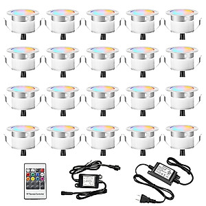 FVTLED Low Voltage 20pcs Multi-Color RGB LED Deck Lights Kit 1-3/4" Stainless Steel Recessed Wood Outdoor Yard Garden Decoration Lamp Patio Stairs Landscape Pathway Lighting