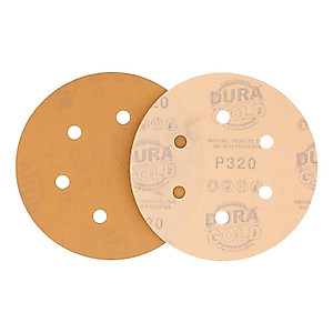 Dura-Gold Premium 320 Grit 6" Gold Sandpaper Discs, 6 Hole Pattern Dustless, Box of 50 - Hook & Loop Backing for DA Sander, Finishing Fine Cut Sanding Abrasive Automotive Paint, Woodworking Wood Metal