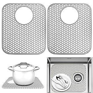 YUBIRD Sink Protectors for Kitchen Sink -13.58"x 11.6" Sink Mat, 2 PCS Silicone Kitchen Sink Mat for Bottom of Stainless Steel Sink(Grey, Rear Drain)