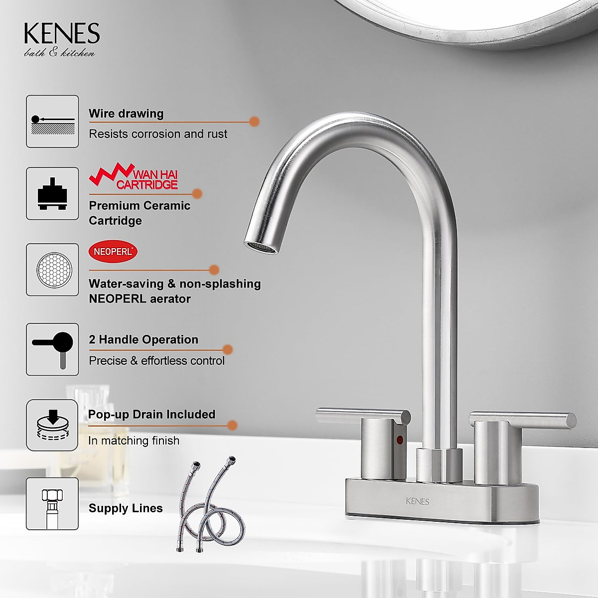 KENES 4 Inch 2 Handle Centerset Bathroom Faucet, Brushed Nickel Lead-Free Modern Commercial Bathroom Sink Faucet, with Pop Up Drain and Two Water Supply Lines, KE-9019