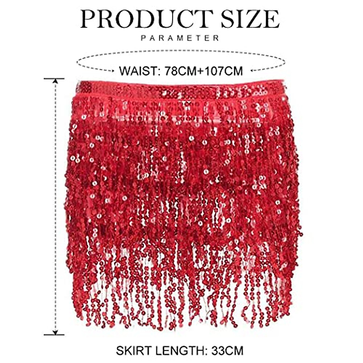 Victray Women Sparkle Sequin Skirt Belly Dance Mini Skirt Fringe Skirts Rave Hip Scarf Party Costume (Red)