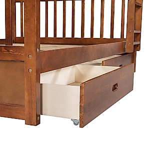 Harper & Bright Designs Full Over Full Bunk Bed with Storage Drawers, Solid Pine Wood Frame and Ladder with Guard Rails for Kids, Teens, Boys and Girls, No Box Spring Needed, Bunk Bed Walnut