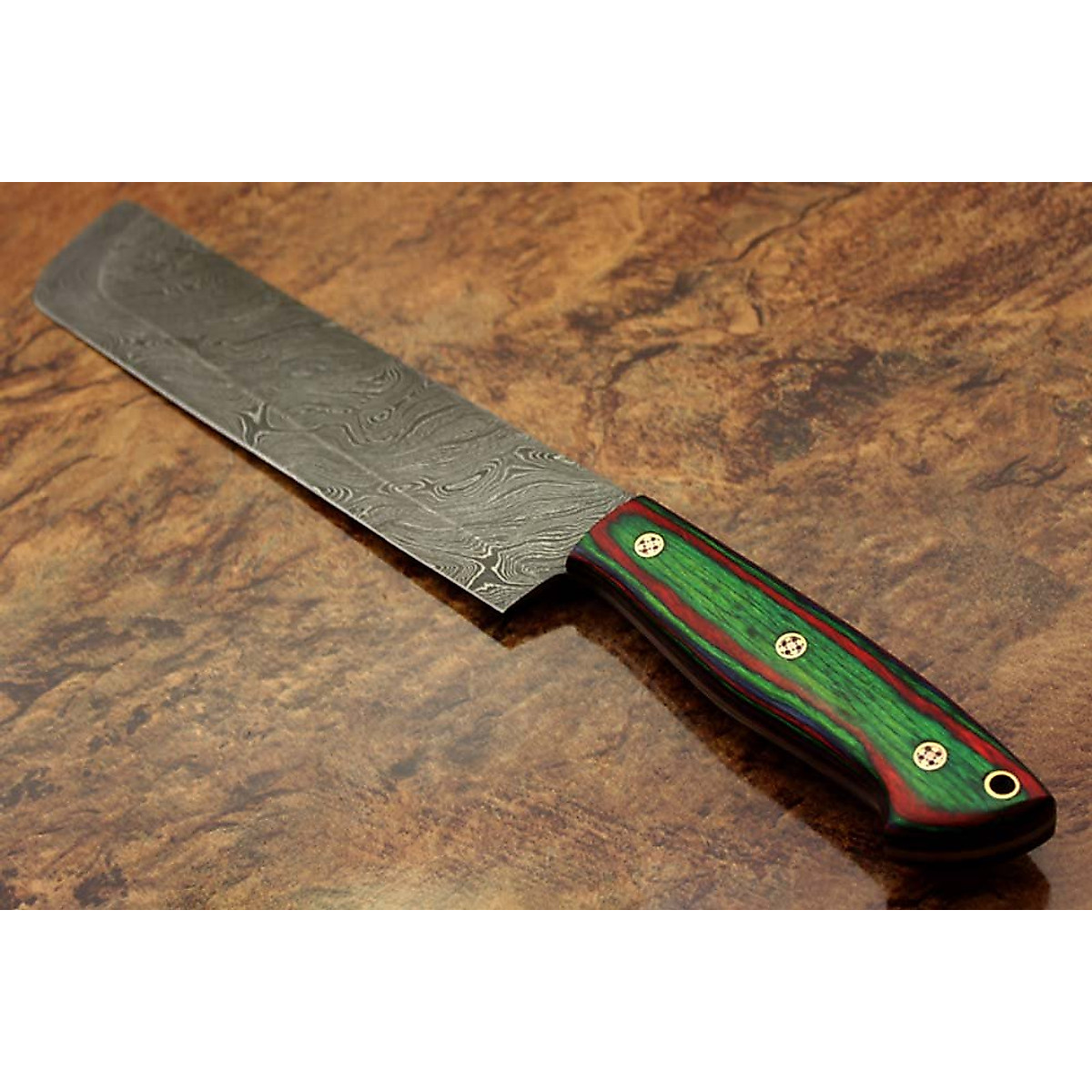 12.5" hand forged Damascus steel Nakiri knife, kitchen knife, vegetable knife, 2 tone Green & Maroon wood scale, Cow hide Leather sheath with belt loop