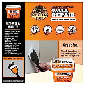 Gorilla Heavy Duty Wall Repair Spackling + Primer, 16 Ounce Tub,White