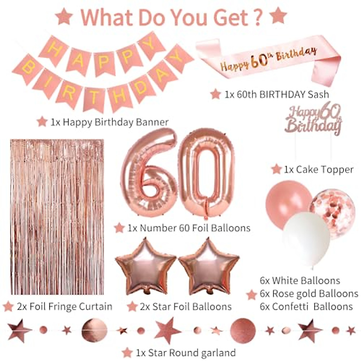 60th Birthday Decorations for Women, Happy Birthday Banner Cake Topper Rose Gold Curtain Happy 60th Birthday Sash 60 Balloon Number for 60th Anniversary Decorations Birthday Party Backdrop
