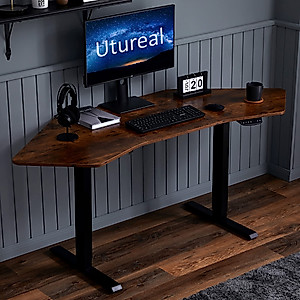 Utureal 71 Inch Electric Standing Desk Dual Motor, Wing Shaped Height Adjustable Corner Desk for Home Office, Ergonomic Stand Up Desk with 3 Memory Presets, Brown Top Black Frame Sit Stand Workstation