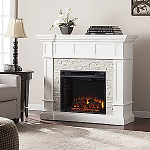 SEI Furniture Merrimack Faux Stone Convertible Electric Corner Fireplace, Fresh White, AMZ8369EF