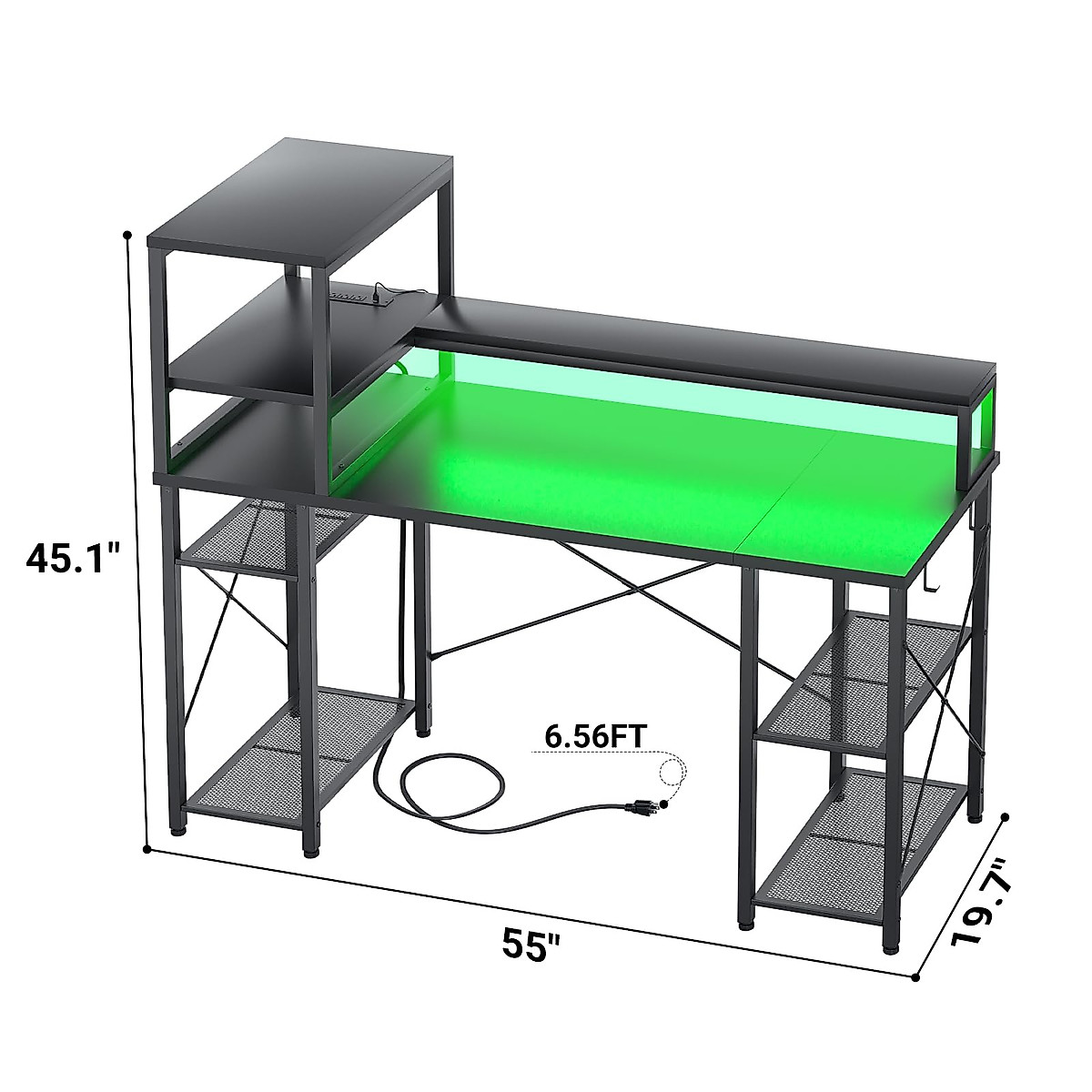 Cyclysio 55 inch Gaming Desk with LED Light, Reversibel Computer Desk with 7-Tier Storage Shelves, Home Office Desk with Power Outlets, Computer Gaming Desk with Monitor Stand for Small Space, Black
