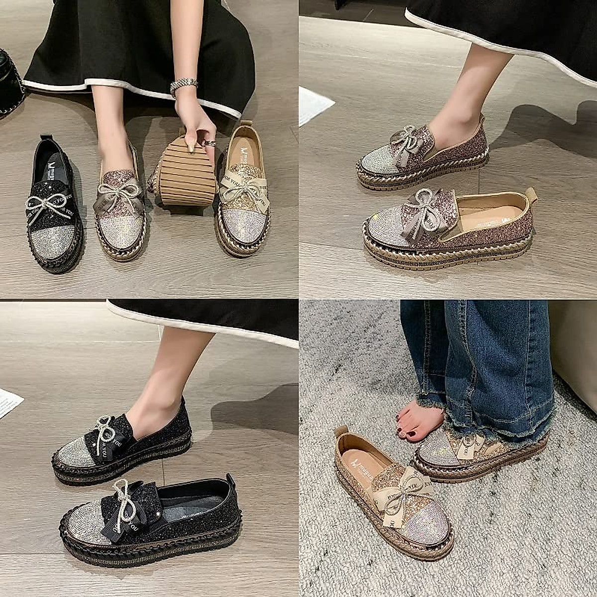 KCTRFSJ Women's Rhinestones Glitter Bow Platform Sneaker,Handmade Flat Casual Slip On Loafers,Comfort Low Top Walking Shoes (Pink,6,6)