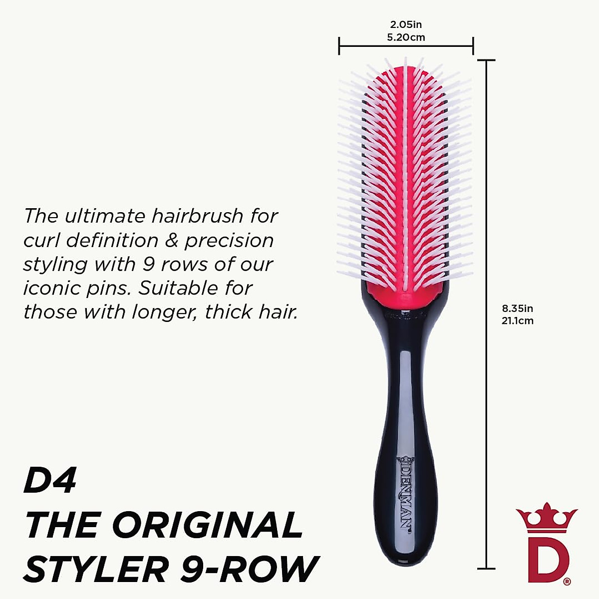 Denman Original Curl Definer & Styler 9 Row Hairbrush for Detangling, Separating, and Defining Longer Curls, Curly Hairbrush - Black