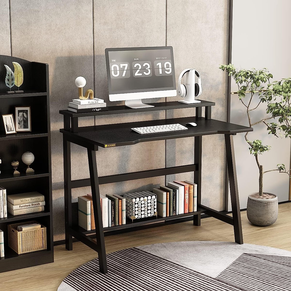 YQ JENMW 31.5 Inch Small Desk, Small Computer Desk for Small Spaces, Modern Writing Table with Monitor Storage Shelf, Compact Laptop Desk for Home Office and Study, Black