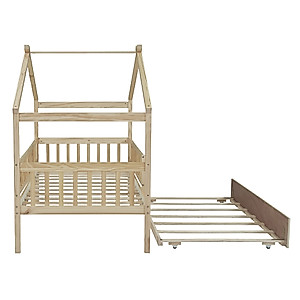 Twin Size House Bed with Trundle, Wooden Playhouse Kids Bed Frame with Roof and Fence, Montessori Style Bed with Guardrails for Kids, Teens, Boys, Girls, Natural.