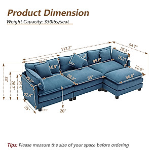 mikibama Modular Sectional Sofa, 112" L Shaped Sofa Set for Living Room, 3-Seater Comfy Upholstered Cloud Couches with Movable Ottoman, 5 Pillows, DIY Combination, Chenille, Blue