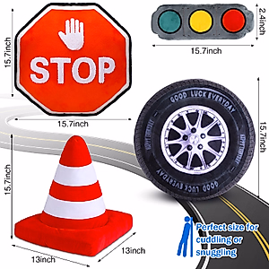 Sintuff 4 Pcs Racing Room Pillow Decorations Set 3D Simulation Wheel Tire Pillow Stop Sign Shaped Throw Pillow Traffic Safety Cone Decorative Plush Toy Kids Bedroom Car Theme Decor
