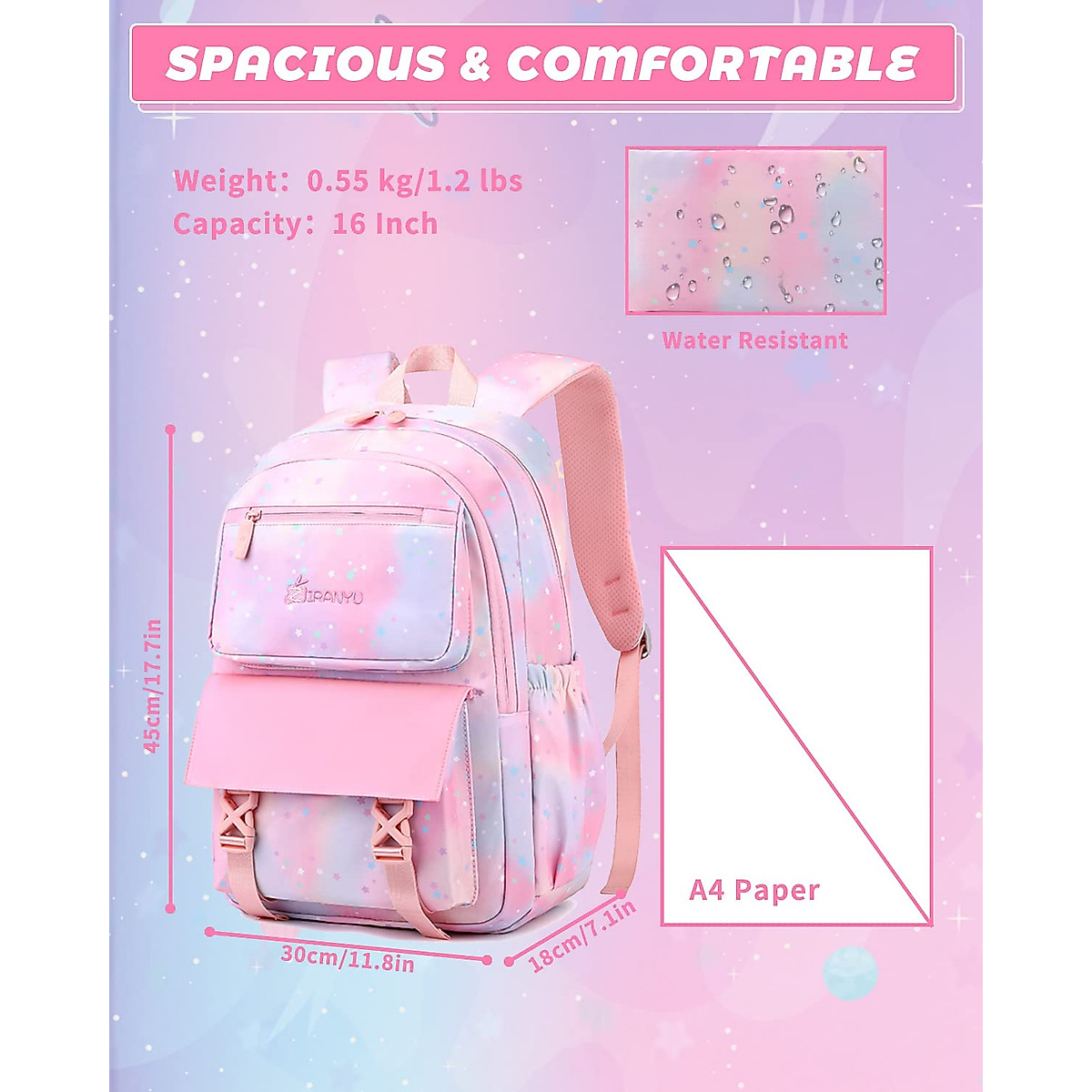 Tanou Kids Backpacks for Girls, 16 Inch Elementary Middle School Backpack, 2023 Lightweight Girl Bookbags with Anti-theft Pocket, Pink