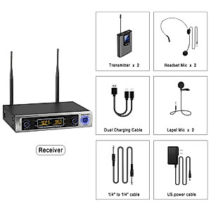 HOTEC UHF Dual Wireless Microphone System with Lapel Lavalier and Headset Microphones Over PA, Mixer, Speaker, Karaoke Machine for Church, Training, Classroom, Interview (H-K25)
