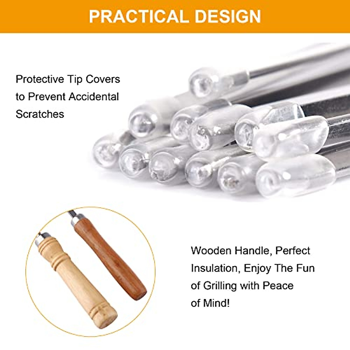 Metal Skewers for grilling 8 PCS, Stainless Steel BBQ Sticks with Wooden Handle 16 inch Kabob Skewer with Campfire Roasting Bag (Wooden)