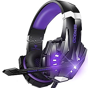 BENGOO G9000 Stereo Gaming Headset for PS4, PC, Xbox One Controller, Noise Cancelling Over Ear Headphones with Mic, LED Light, Bass Surround, Soft Memory Earmuffs (Purple)