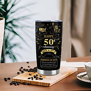Delsakhula Happy 50th Anniversary Wedding Gifts for Men Women 50th Anniversary Tumbler 50 Years Wedding Gifts for Couple Wife Husband Back in 1973 Stainless Steel Vacuum Insulated Tumbler 20 oz