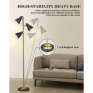 ELYONA Gold Tree Floor Lamp with 3 Adjustable Rotating Lights, Industrial Tall Pole Metal Standing Lights with 3 LED Bulbs for Living Room,Bedroom,Farmhouse,Office,Hotel, Vintage Brushed Brass & Black