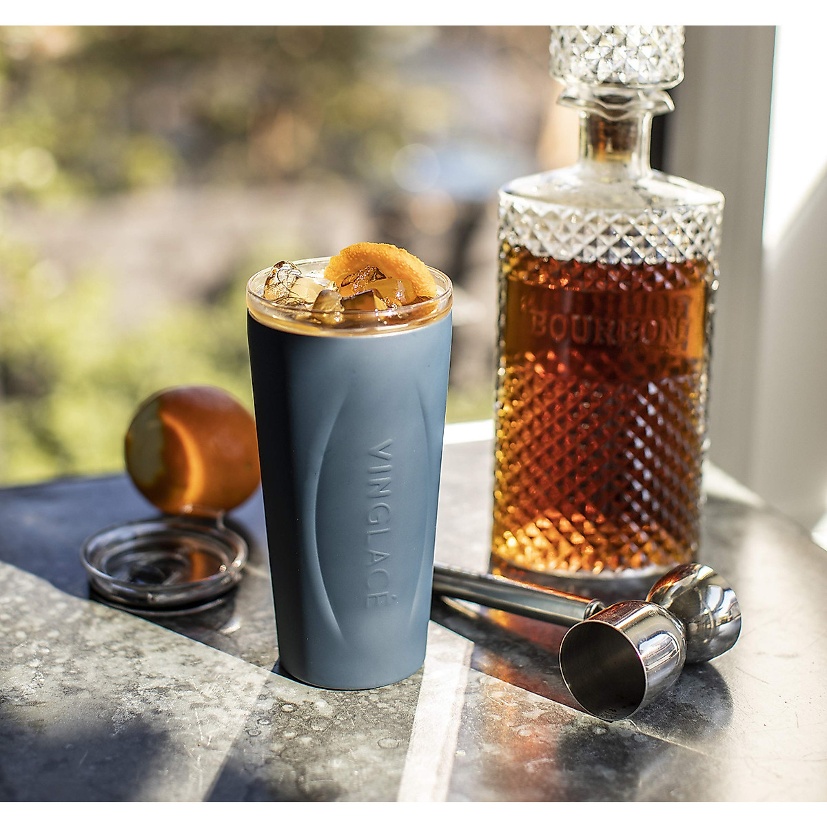 Vinglacé Stainless Steel Drink Tumbler- Insulated Hot and Cold Beverage Cup with Glass Insert and Lid, 14 oz, Navy