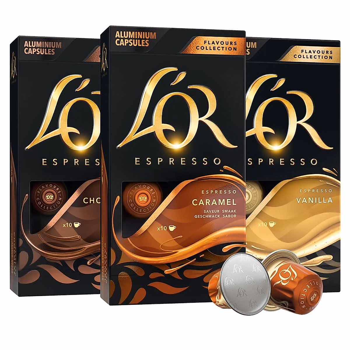 L'OR Espresso Capsules, 30 Count Variety Pack Vanilla/Chocolate/Caramel, Single-Serve Aluminum Coffee Capsules Compatible with the L'OR BARISTA System & Nespresso Original Machines