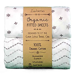 Luvberries 100% Organic Cotton Sheets for The Guava Lotus Travel Crib (Set of 2) - Baby and Toddler, Fitted Crib Sheets, for Boys & Girls (for The New 4 TAB Mattress ONLY) (Grey and White)