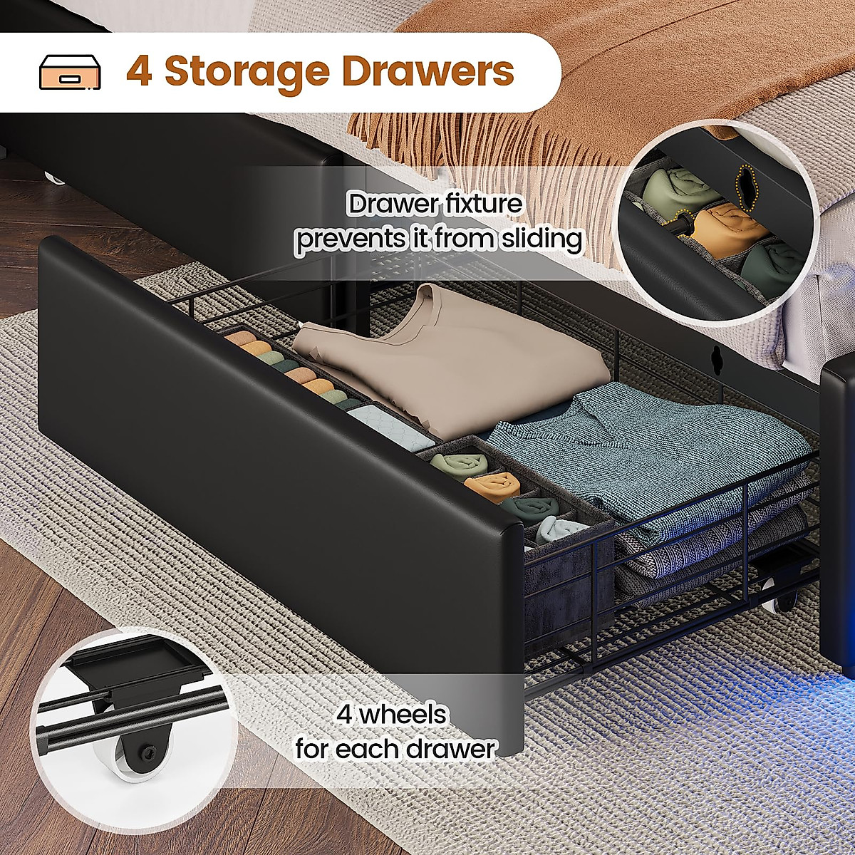 BTHFST Queen Bed Frame with 4 Drawers & Hidden Storage Headboard, LED Bed Frame Queen Size with Charging Station, Upholstered Bed Frame Queen with Metal Slats, No Box Spring Needed, Black PU