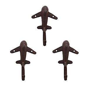 Retro Cast Iron Airplane Wall Hook, Antique Brown, Set of 3