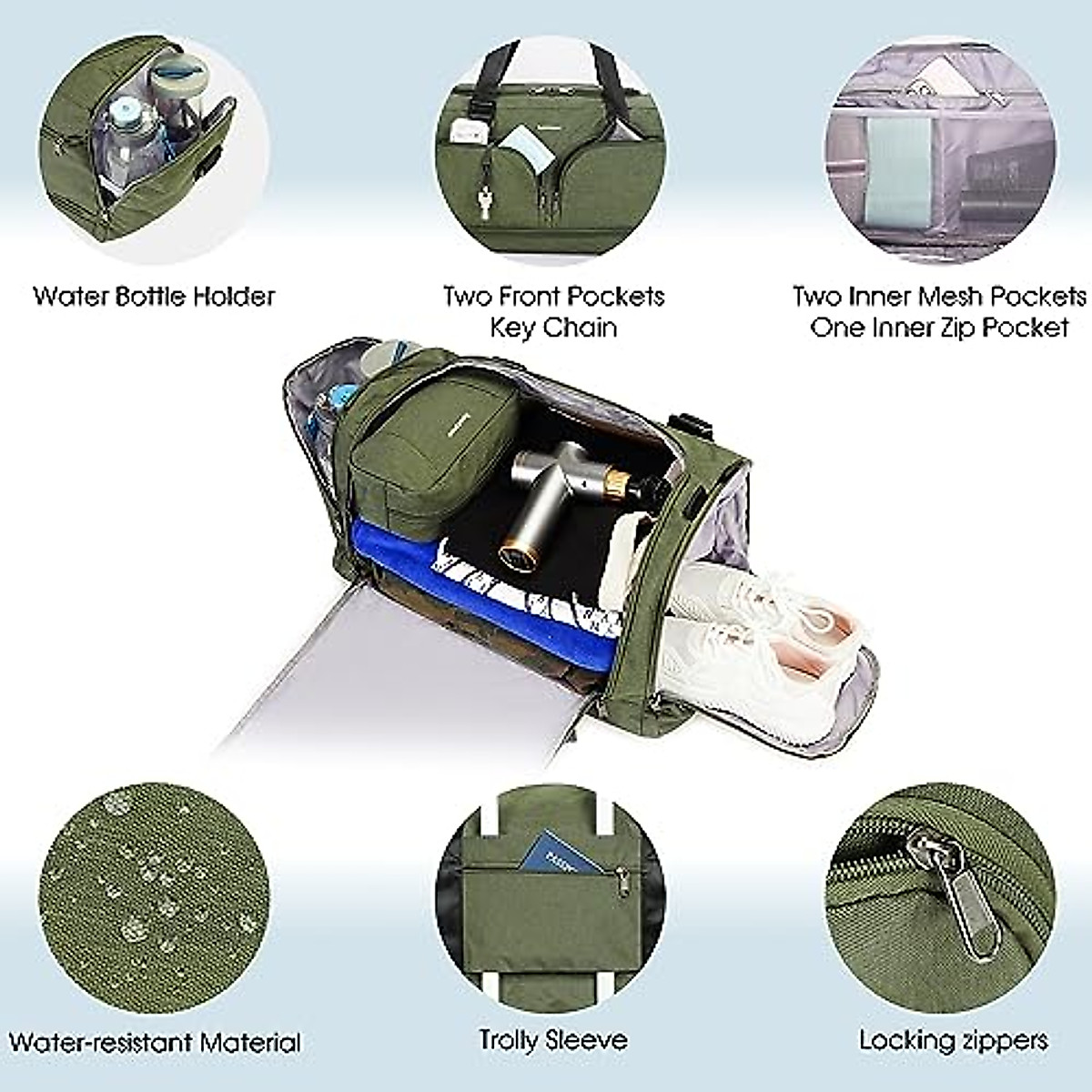 Gym Bag for Women Men Sports Backpack with Wet Pocket & Shoes Compartment Travel Duffle bag with Toiletry Bag Weekender Overnight Bag Carry On Backpack Army Green