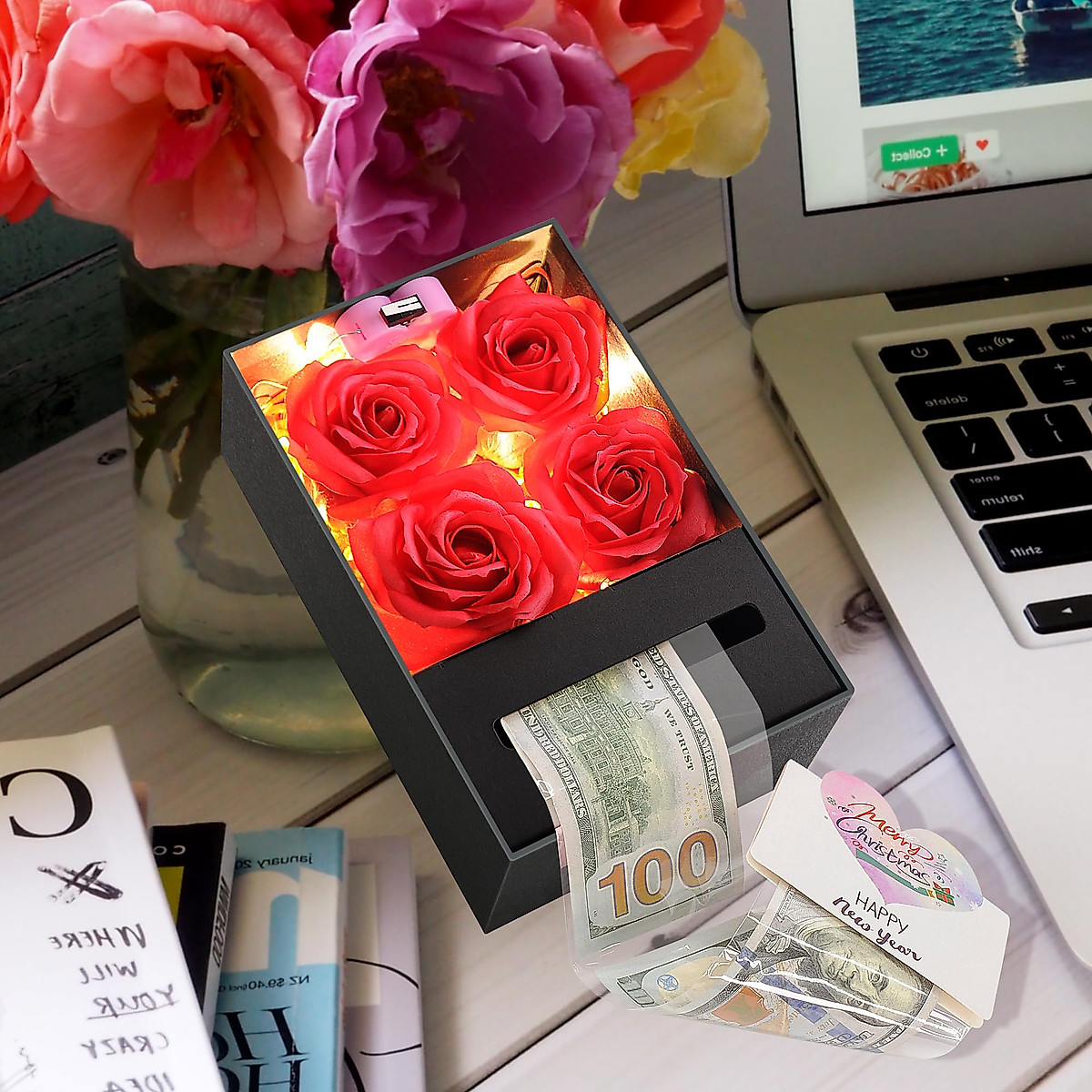 Money Box for Cash Gift Pull, Money Gift Boxes for Cash on Birthday, Christmas, Graduation, Mother's Day, for Husband, Wife, Girlfriend, Mother With Soap Rose Flower and Greeting Cards (Black+Red)