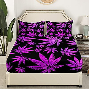 Marijuana Leaf Bed Sheets Weed Leaf Botanical Sheet Set for Kids Men Women Adults Cannabis Leaves Bed Set Luxury Puple Hemp Sheets Room Decor 4Pcs Full Size