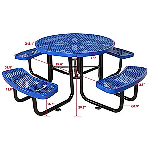 HONOOR Expanded Metal Picnic Table for Outdoors Lifetime Picnic Table with Umbrella Hole,Heavy Duty Sturdy Commercial Picnic Tables for Garden Courtyard BBQ, Round 46 inch Blue (ASW333)