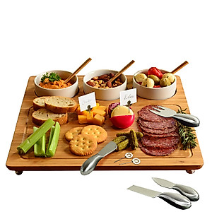 Picnic at Ascot Bamboo Cheese Board/Charcuterie Platter - Includes 3 Ceramic Bowls, Bamboo Spoons, Stainless Steel Cheese Tools, Cheese Markers - Designed and Quality Checked in The USA