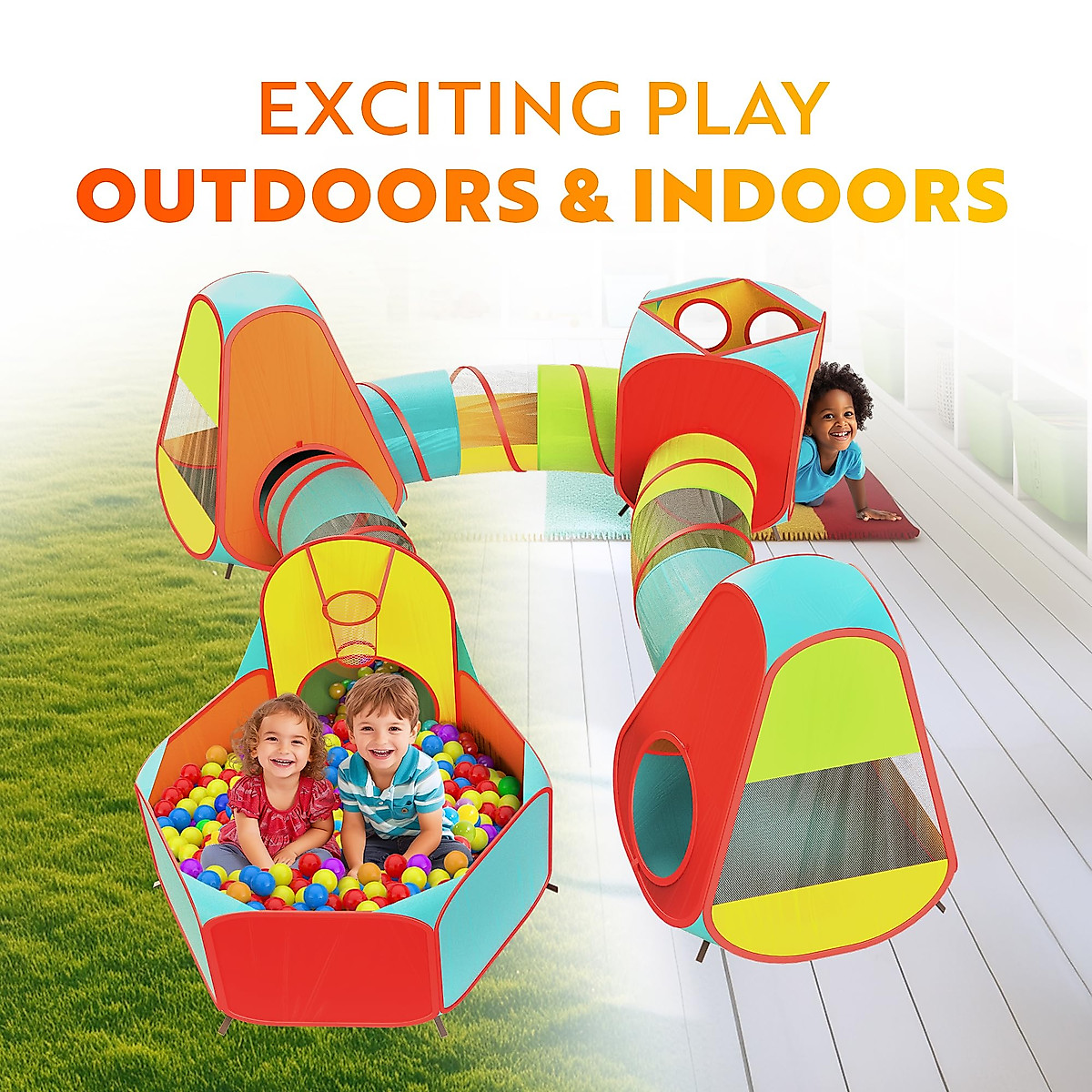 Playz 7pc Kids Play Tent with 1 Big Ball Pit for Babies, 3 Play Tunnel for Toddlers, and 3 Pop Up Tents Playhouse Bundle, Best Birthday Gift for Boys & Girls, Indoor & Outdoor Use Portable Play Center