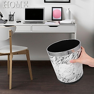 Luxshiny Office Trash Can Round Metal Wastebasket Marble Garbage Basket Bin for Bathroom Bedroom Kitchen Home Office White 10L