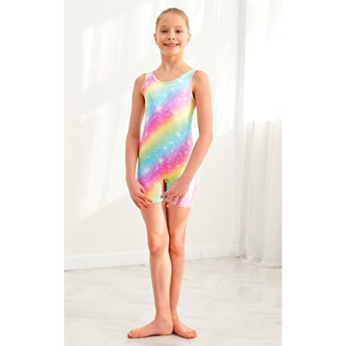 2 Packs Skinny Gymnastics Leotards For Toddler Girls Scoop Neck With Shorts, Little Kids Skinny Colorful Dance Workout Unitards Biketards Tanks Rainbow Leopards