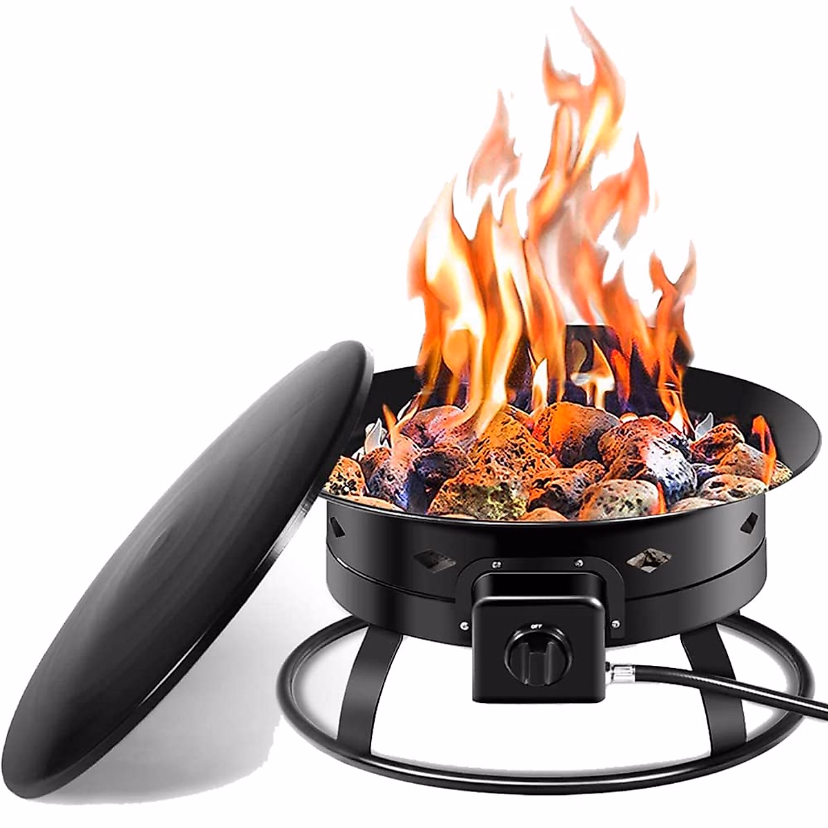 Safstar 19” Gas Fire Pit Bowl, 58,000BTU Portable Propane Fire Pit w/Cover Lava Rock Stone, Tank Stabilizer Ring & Carry Kit, Gas Fire Bowl for Patio Camping Backyard Party
