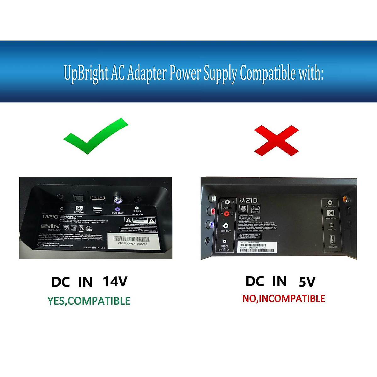 UpBright 14V AC/DC Adapter Compatible with Vizio SB2820n SB2820n-E0 28" 2.0 Channel Bluetooth Sound Bar Home Theater Music Speaker S82820n SB2820n-EO S82820n-E0 AY24BA-BF1401702 14VDC Power Charger