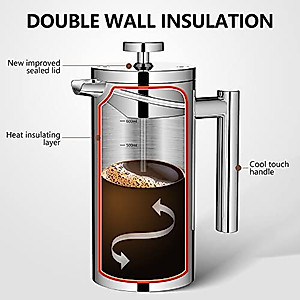 Miuly Cafetiere 3 Cup/600ml Stainless Steel Double Wall French Press with Coffee Measuring Spoon,Thermal Insulation Silicone Sealed Lid,Silver