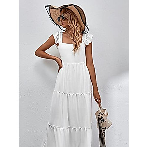 SOLY HUX Women's Summer Square Neck Sleeveless Shirred Ruffle Hem A Line Flowy Long Maxi Dress White L