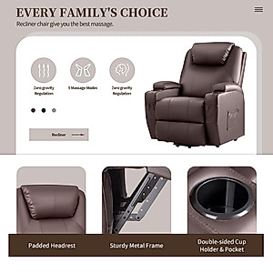 JUMMICO Power Lift Recliner Chair with Massage for Elderly PU Leather Modern Reclining Sofa Chair with Cup Holders, Remote Control, Adjustable Furniture (Brown)