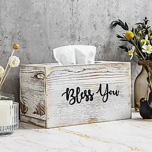 MyGift Rustic Whitewashed Solid Wood Tissue Box Holder Cover, Rectangular Tissue Holder with Easy Slide Out Bottom and Bless You Cursive Lettering