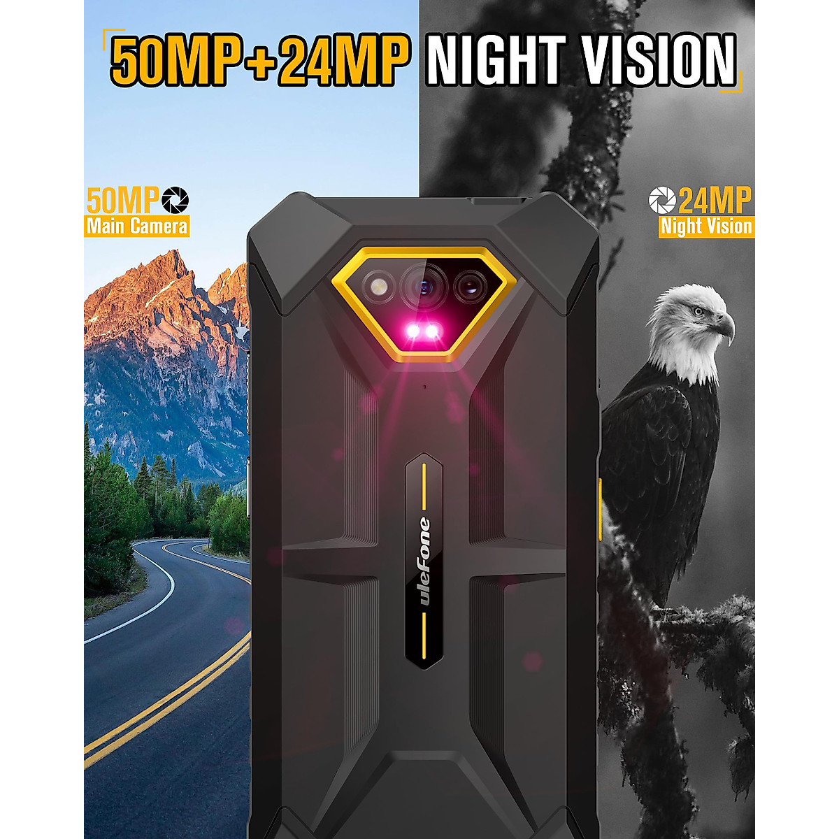Ulefone Armor X13 Rugged Phones 2023, 50MP Rear Camera, 24MP Night Vision Camera, Up to 12GB RAM, 64GB ROM, 6320mAh, Android 13, IP68/IP69K Unlocked Smartphone, 4G LTE Cell Phone (Black)