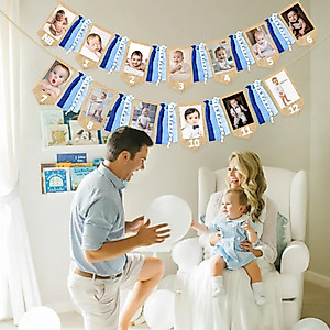 pinkblume 1st Birthday Burlap Photo Banner Garland Handmade Felt from Newborn to 12 Months with Gradient Blue Ribbon for Monthly Milestones Baby Boy First Birthday Party Decorations Supplies