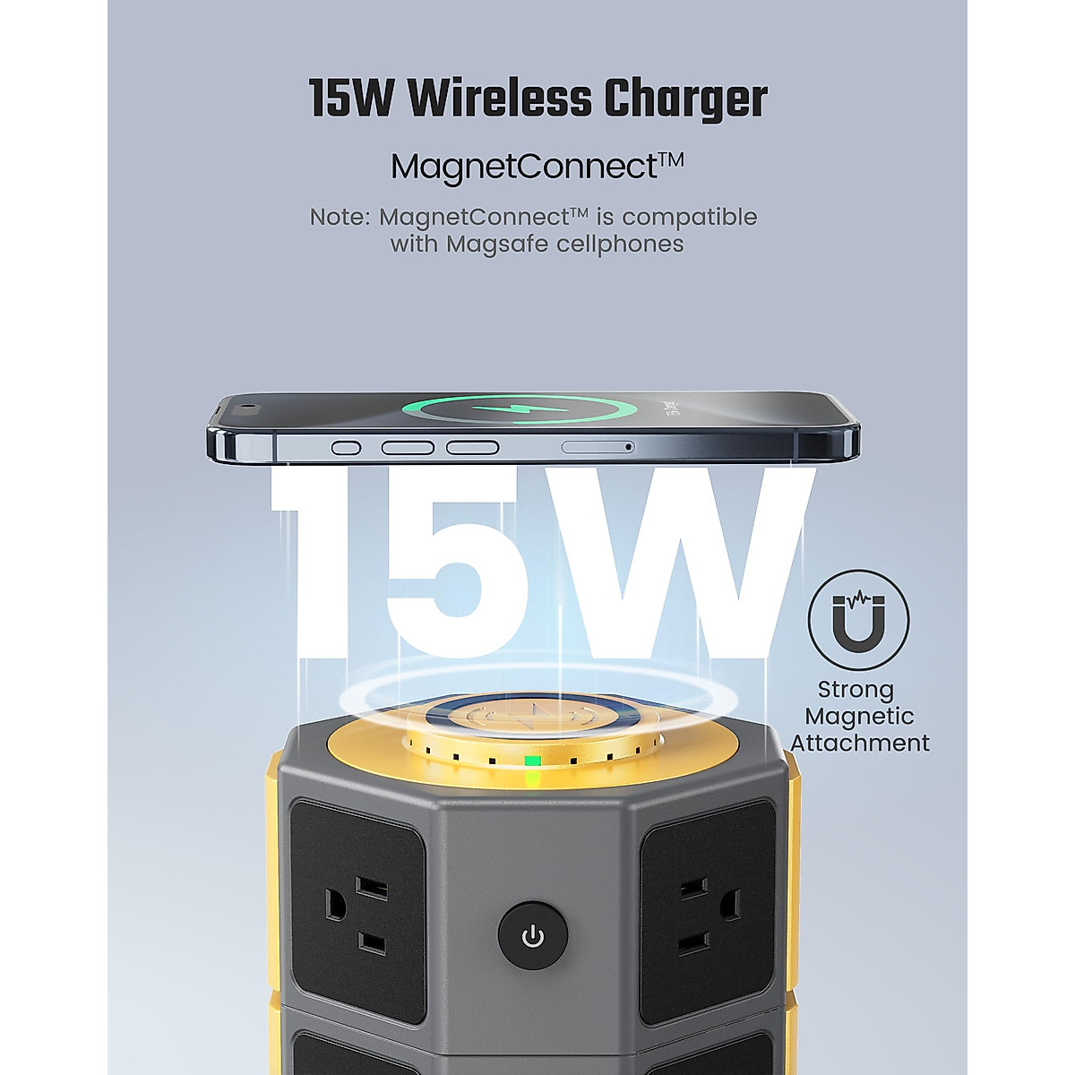 SUPERDANNY Power Strip Tower with 15W Wireless Charger, 6.5Ft Retractable Extension Cord, 1050J Surge Protector, Desktop Charging Station with 8 Outlets 4 USB Ports(2 USB C) for Home, Office, Garage