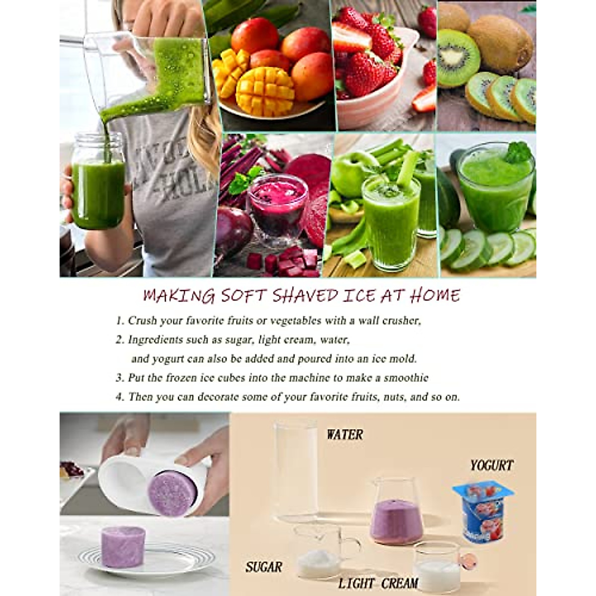 Shaved Ice Maker Snow Cone Rechargeable Slushie Machine Ice Cream Maker for Kids and Family Portable USB Charger 2 Set Block Ice Molds (purple)