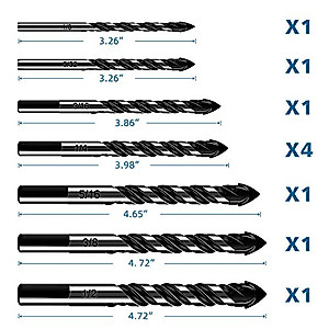 10-Piece Masonry Drill Bits Set for Tile Glass Ceramic Brick Wood, 1/8 to 1/2 Inch Drilling Bits with Triangle Handle, YG8 Tungsten Steel Alloy Tip.（Black）