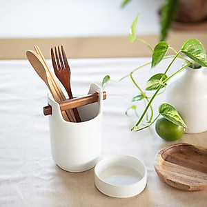 cusinine Kitchen Utensil Holder for Flatware, Silverware, Cutlery and Cooking Accessories, Wood and Ceramic, Countertop and Table Caddy (White)