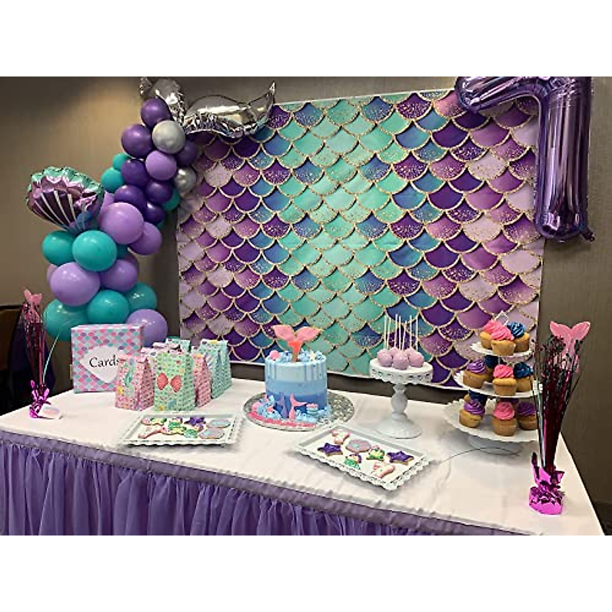 Avezano Mermaid Birthday Backdrop 5x3ft Glitter Mermaid Scales Backdrops Kids Birthday Party Decor Girls Princess Baby Shower Photo Background Purple Aqua Green Shell Backdrop